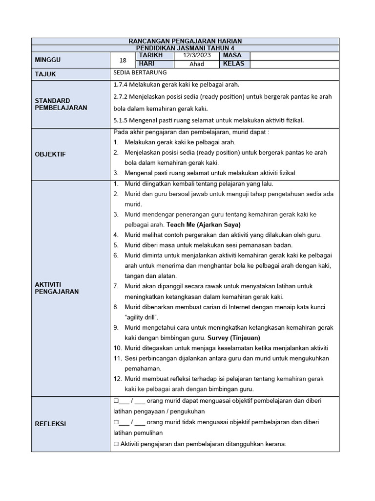 RPH Ringkas Minggu 18 Pendidikan Jasmani THN 4 by Cikgu Gorgeous | PDF | Sains & Matematika