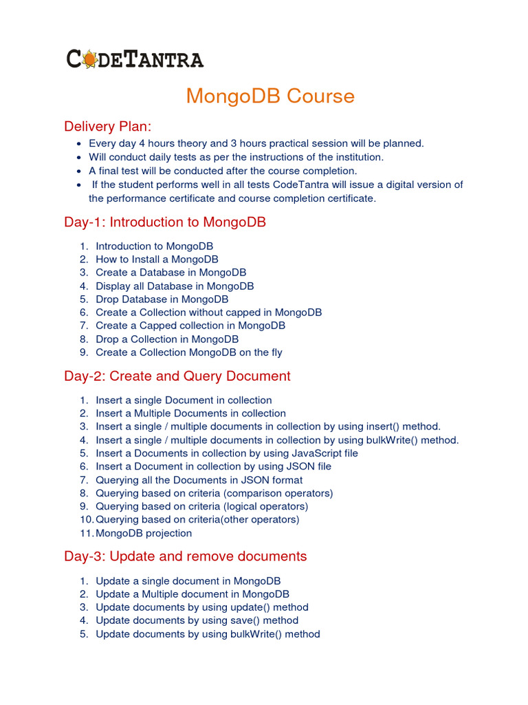 MongoDB Course Delivery Plan | PDF
