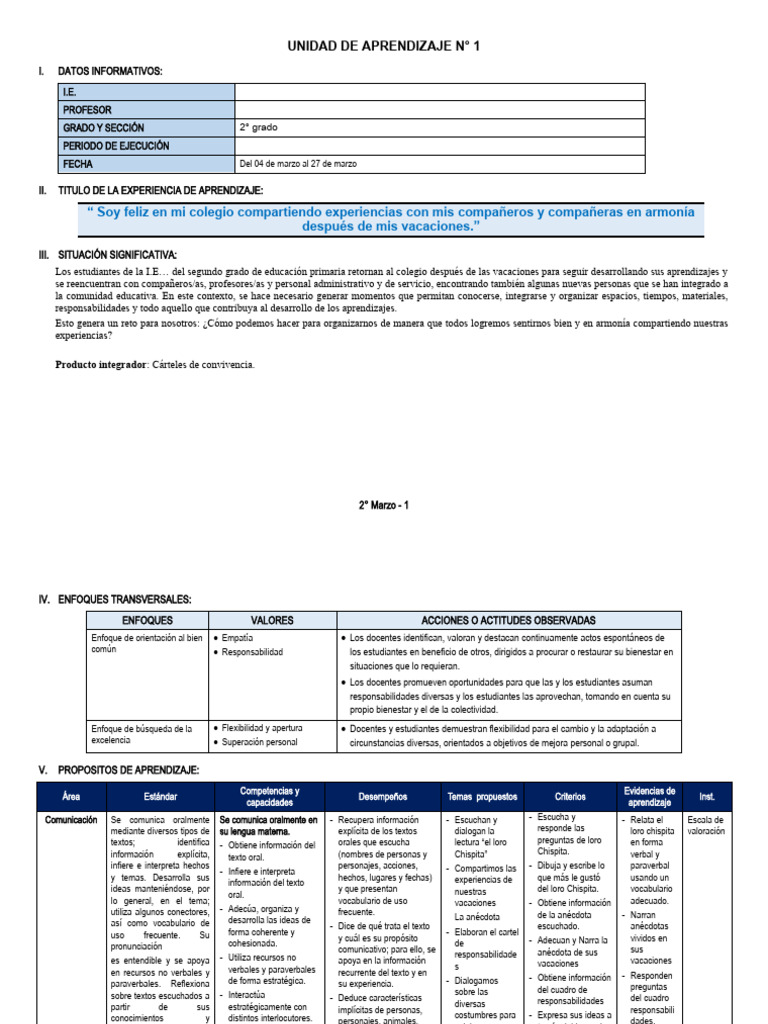 2º Grado - Unidad - de - Aprendizaje - N°01 | PDF | Geometría | Aprendizaje