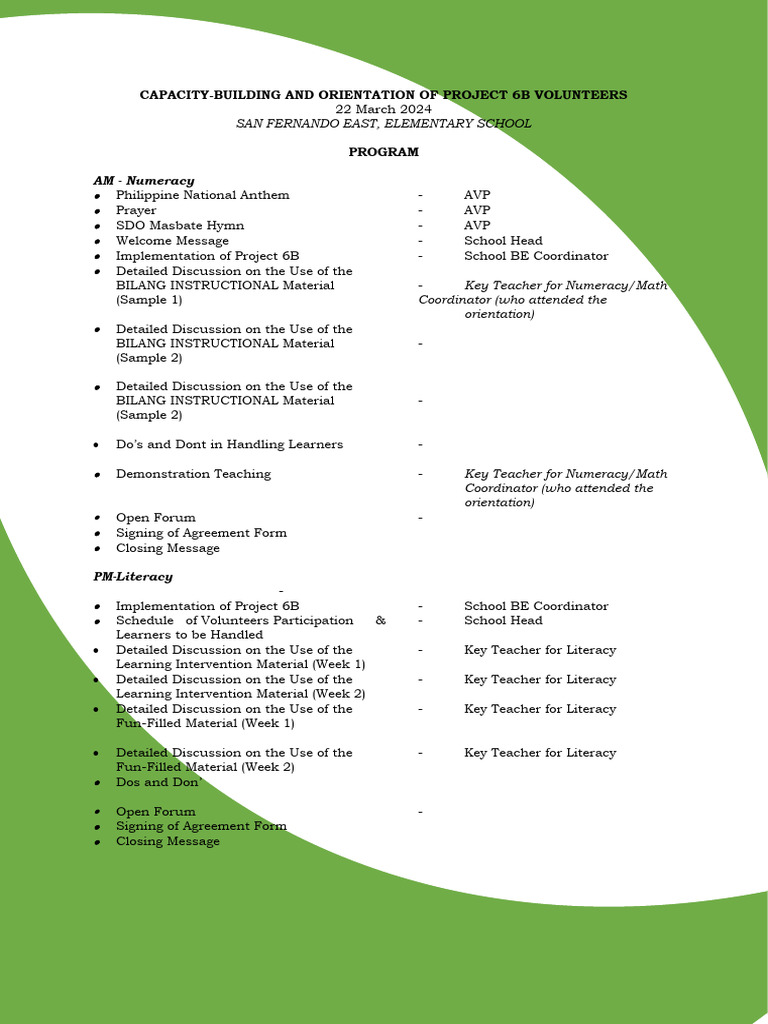Program Flow School Orientation And Capacity Building Of Volunteers