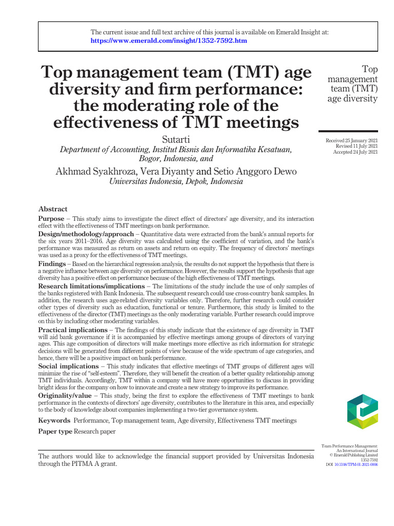 Top Management Team (TMT) Age Diversity and Firm Performance | PDF | Governance | P Value