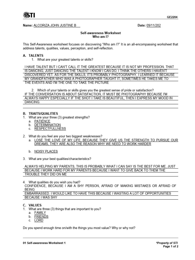01 Self-Awareness Worksheet 1 | PDF | Self Awareness | Psychology