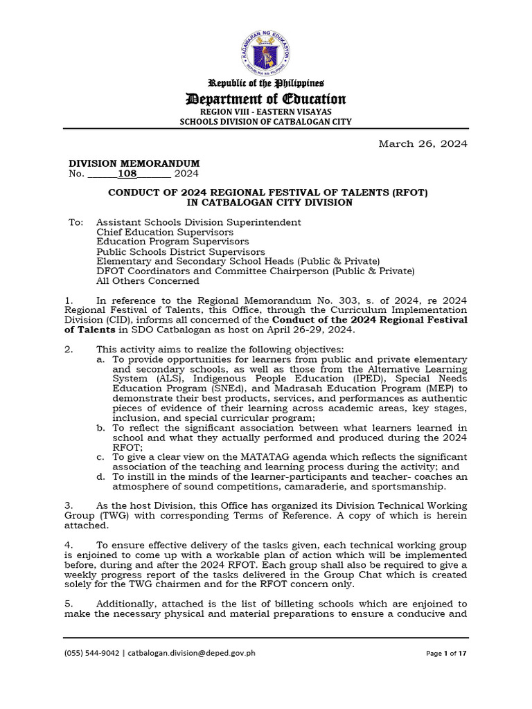 DM No. 108 S. 2024 Conduct of 2024 Regional Festival of Talents Rfot in ...