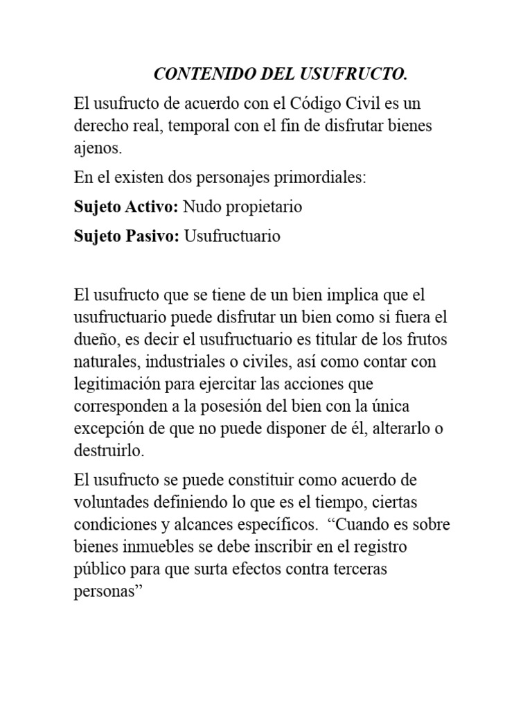 CONTENIDO DEL USUFRUCTO- DERECHOS Y OBLIGACIONES DEL USUFRUCTO | PDF | Propiedad | Derecho Civil ...