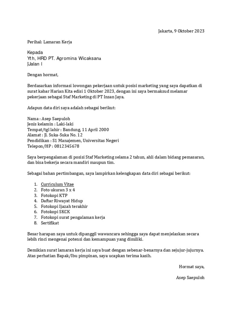 Surat Lamaran Kerja Pdf Edit Pdf
