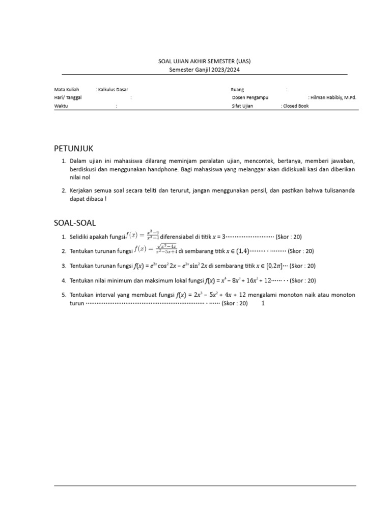 Soal UAS Kalkulus Dasar 2023/2024 | PDF