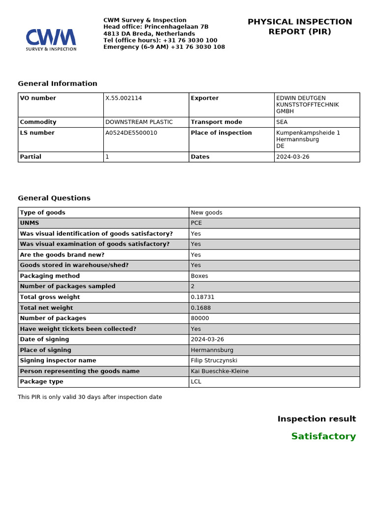 General Information: Physical Inspection Report (Pir) | PDF