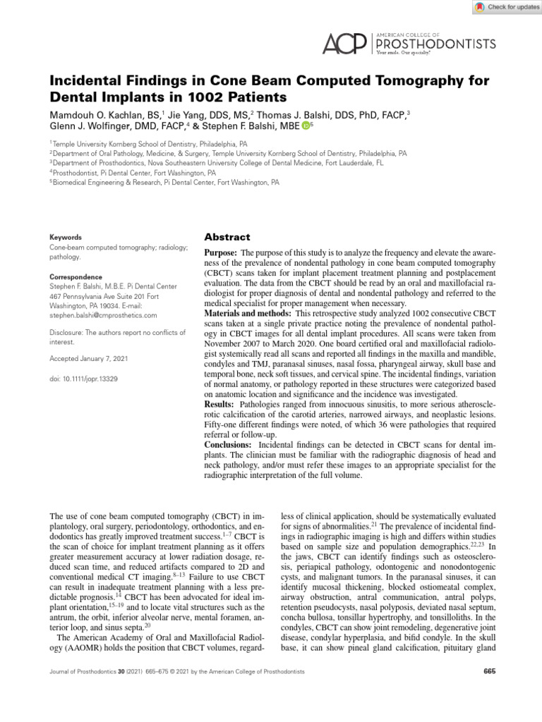 Journal of Prosthodontics - 2021 - Kachlan - Incidental Findings in Cone Beam Computed ...