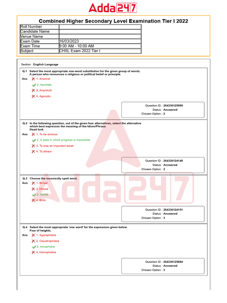 SSC CHSL Question Paper 16 March 2023 Shift 1 | PDF | Question | Social ...