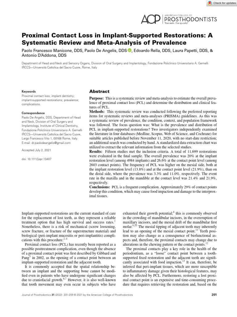 Journal of Prosthodontics - 2021 - Manicone - Proximal Contact Loss in ...
