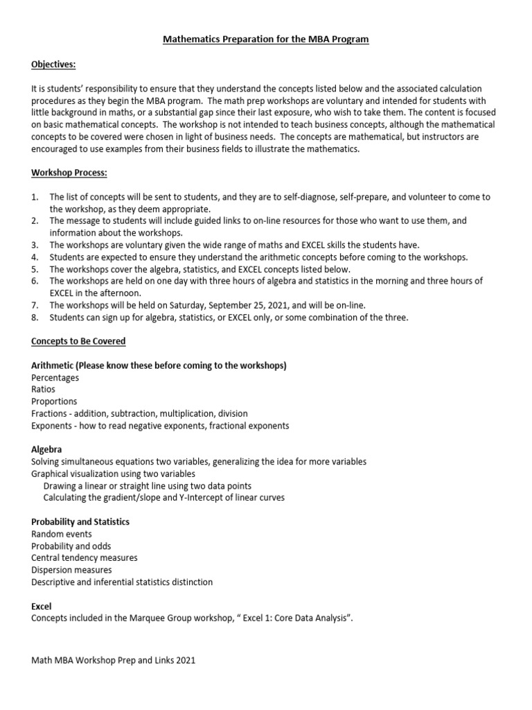Math-MBA-Workshop-Prep-and-Links-2021 | PDF | Mathematics | Arithmetic