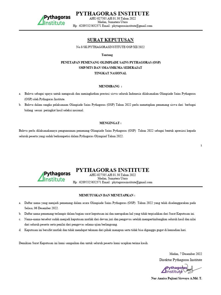 Pengumuman Tingkat Nasional Olimpiade Sains Pythagoras (Osp) | PDF