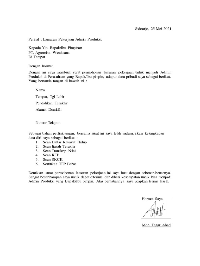 Contoh Surat Lamaran Admin Produksi | PDF | Karier & Perkembangan