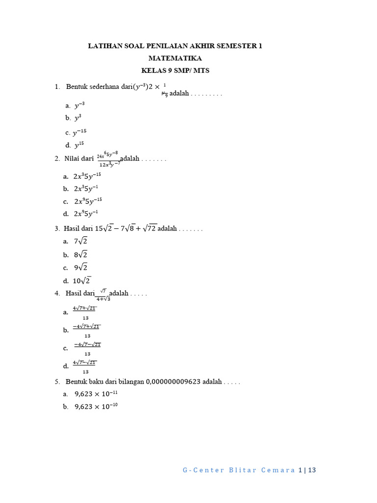 Soal PAS 1 MAT Kelas 9 | PDF
