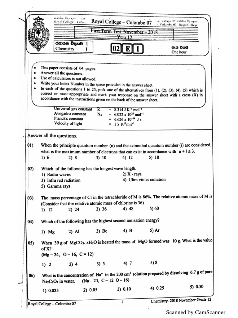 2018 Royal College Chemistry Grade 12 1st Term Test Paper (English ... 2018 Royal College Chemistry Grade 12 1st Term Test Paper (English ...