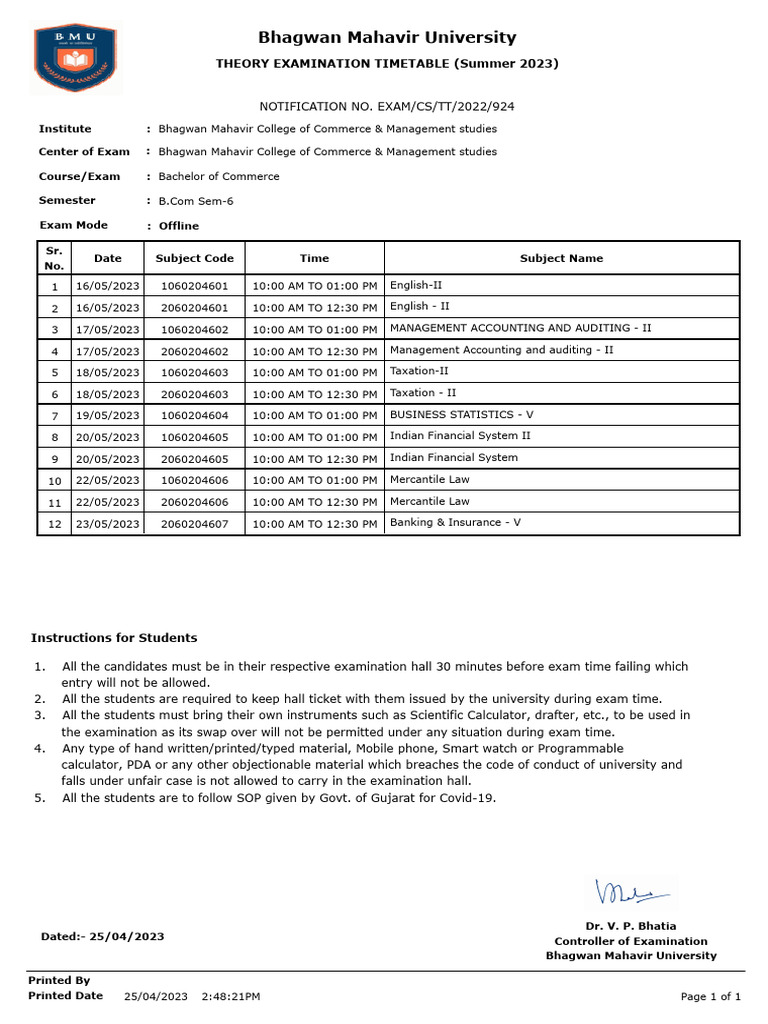 924 - B.Com Sem-6 - Theory Examination Time Table (Summer 2023) | PDF | Business