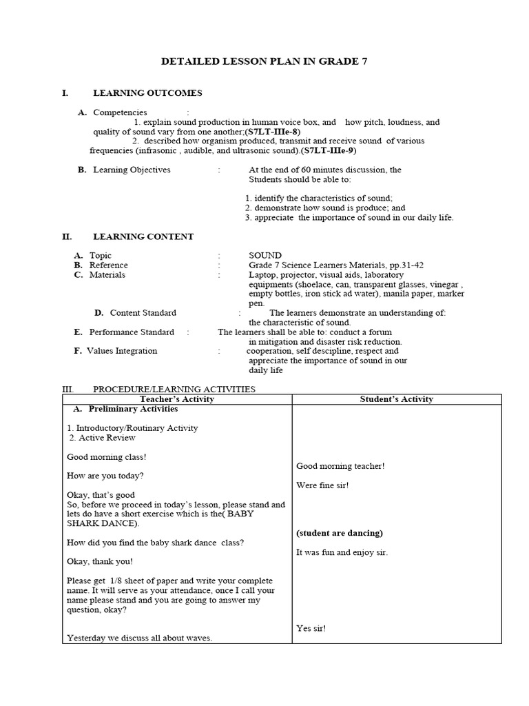 Detail Lesson Plan | PDF | Sound | Waves