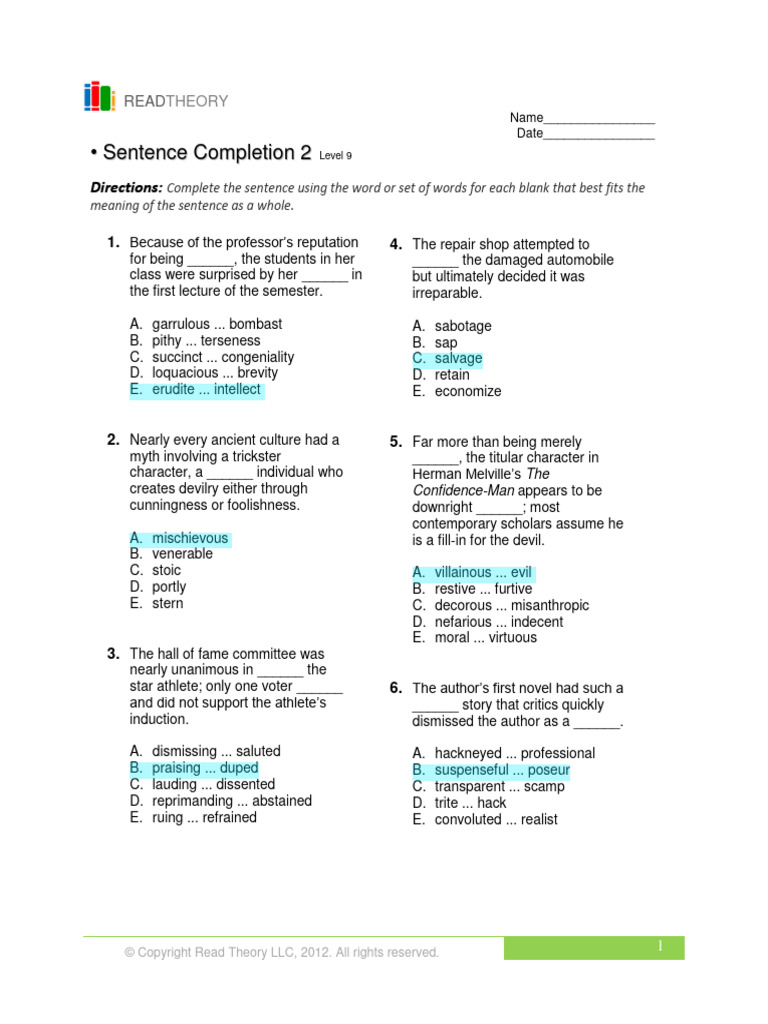 Kami Export - Level 9 Sentence Completion 2 | PDF