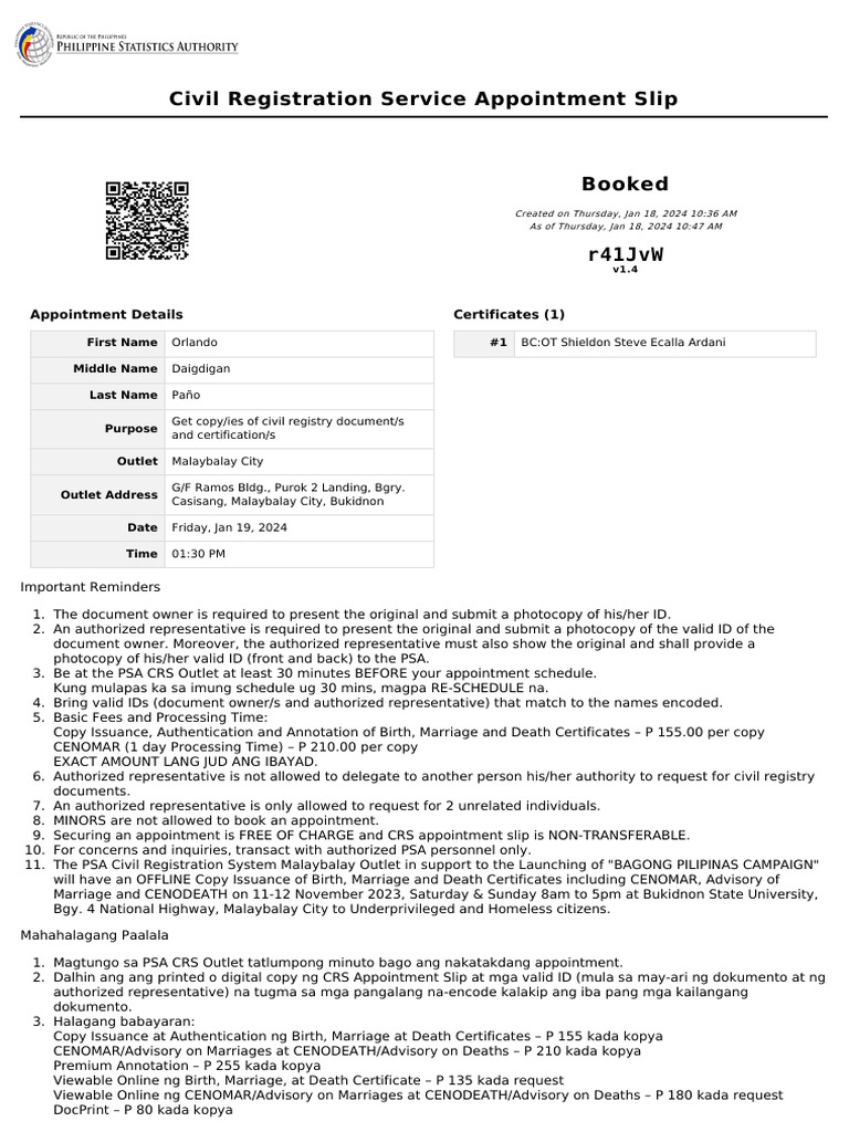 Civil Registration Service Appointment Slip | PDF