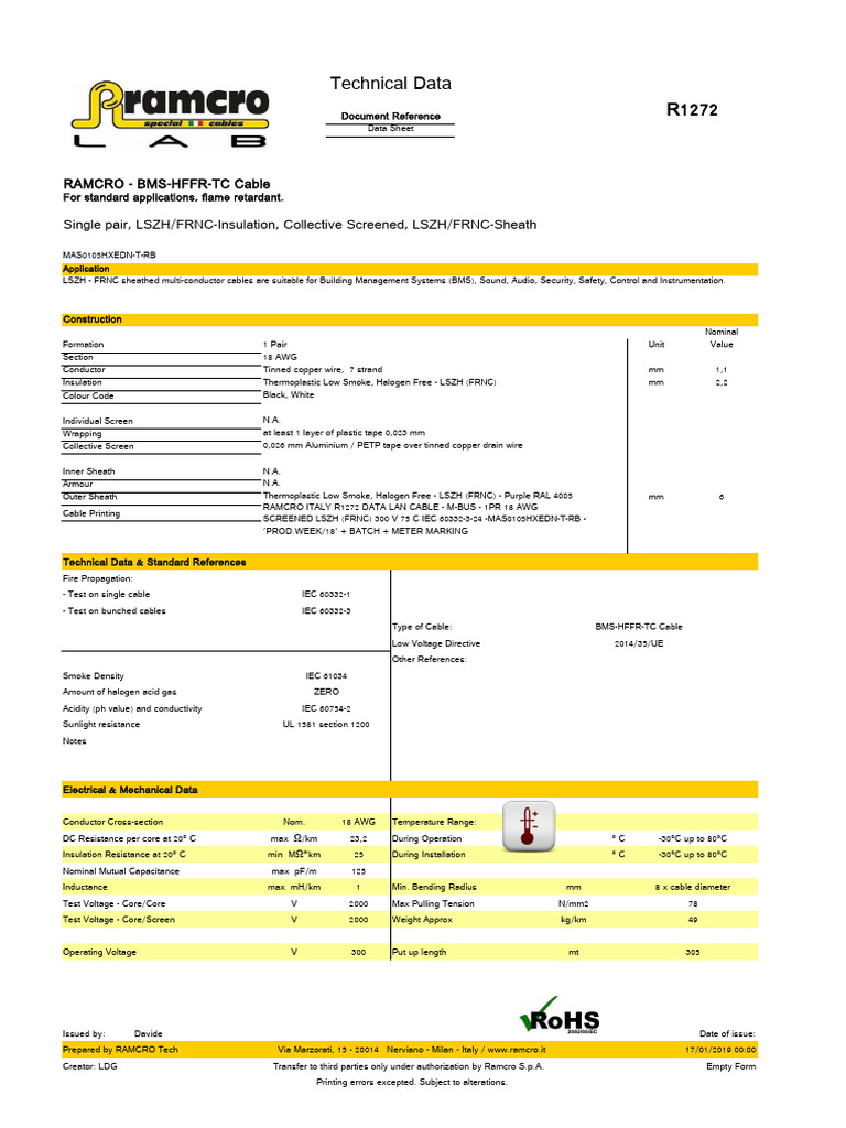 Technical Data R1272: Ramcro - BMS-HFFR-TC Cable Single Pair, LSZH/FRNC ...