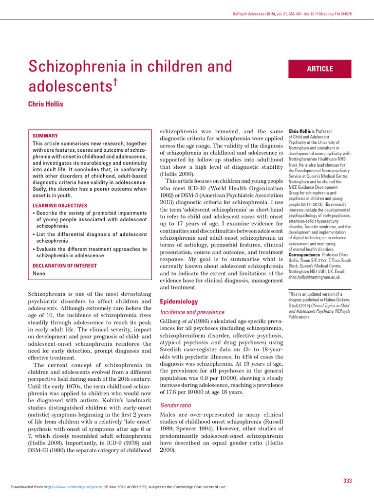 Schizophrenia in Children and Adolescents | PDF | Schizophrenia | Psychosis
