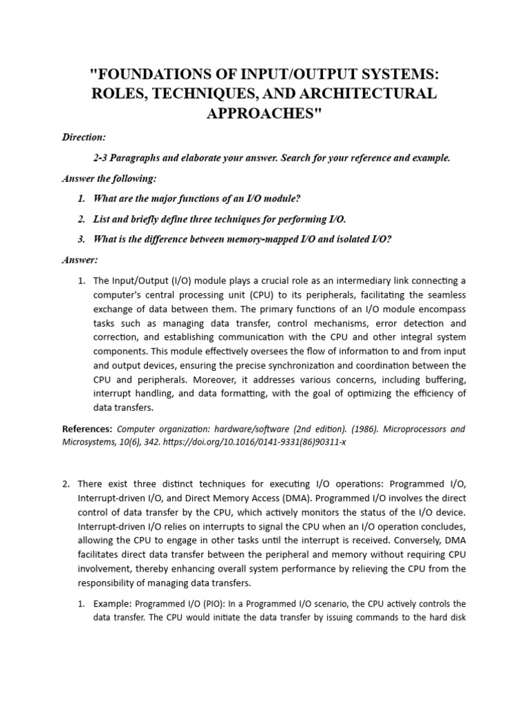 Foundations Of Input Output Systems Roles Techniques And Architectural Approaches Pdf