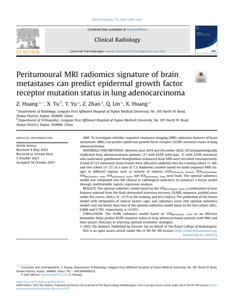 Peritumoural MRI Radiomics Signature of Brain Meta | PDF | Biopsy ...