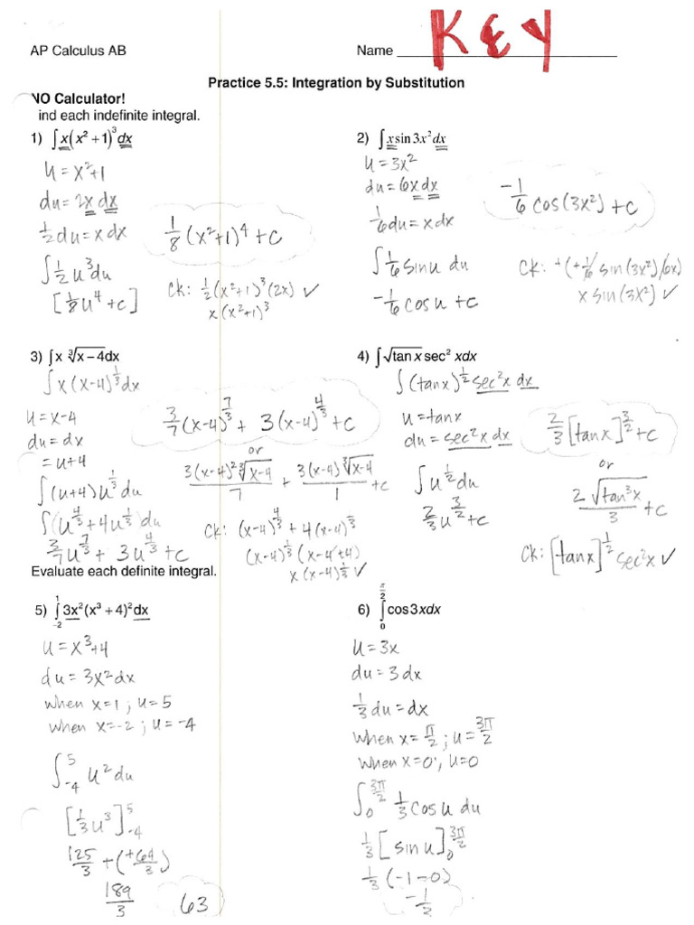 Practice 5.5 Integration by Substitution KEY-2 | PDF