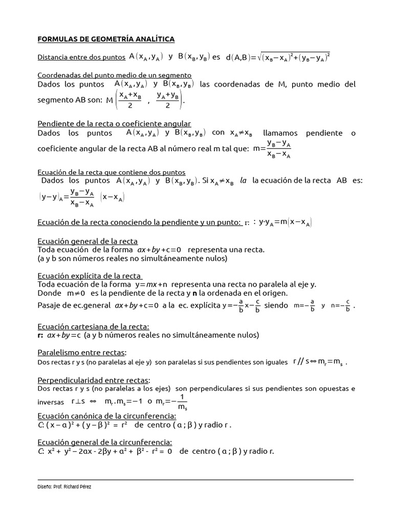 Fórmulas de Geometría Analítica Del Plano | PDF | Línea (geometría ...