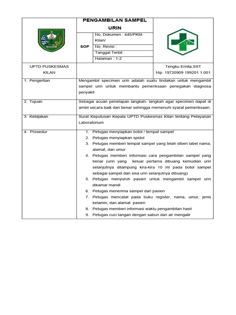 Sop Pengambilan Spesimen Urin | PDF