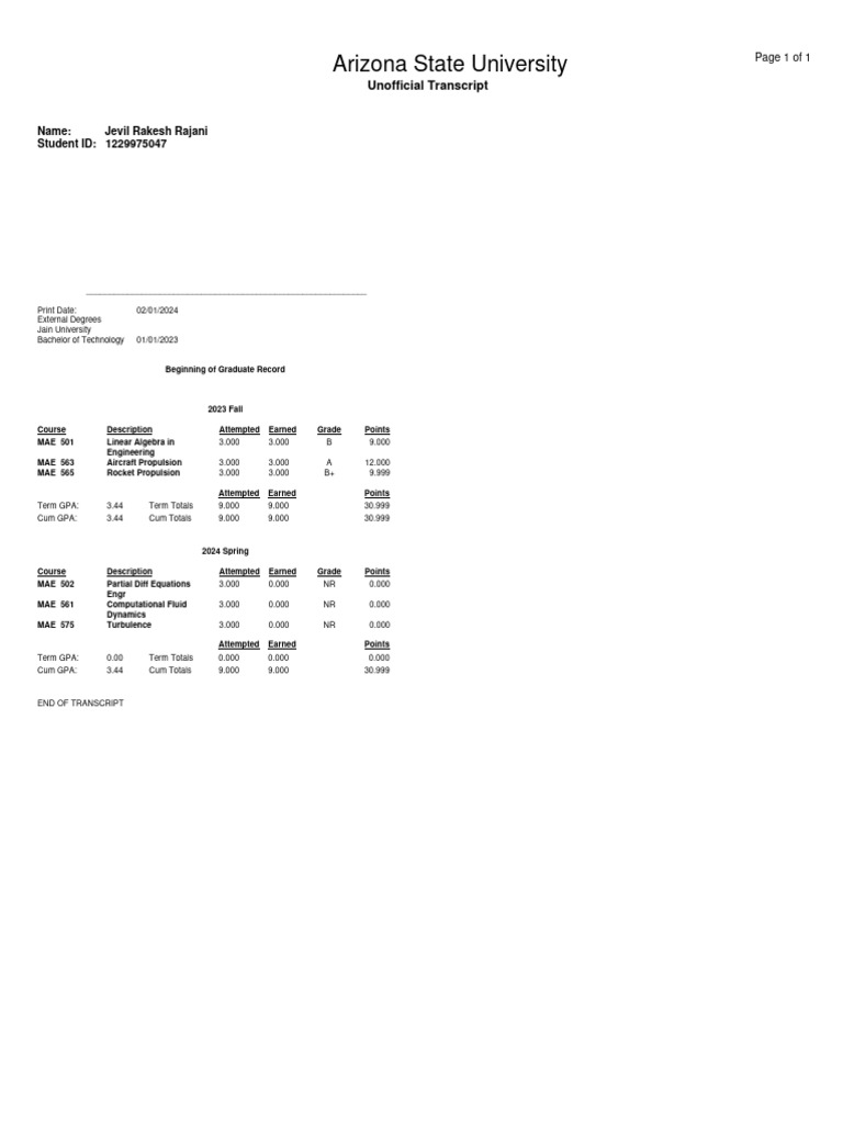 Engineering Student Transcript | PDF
