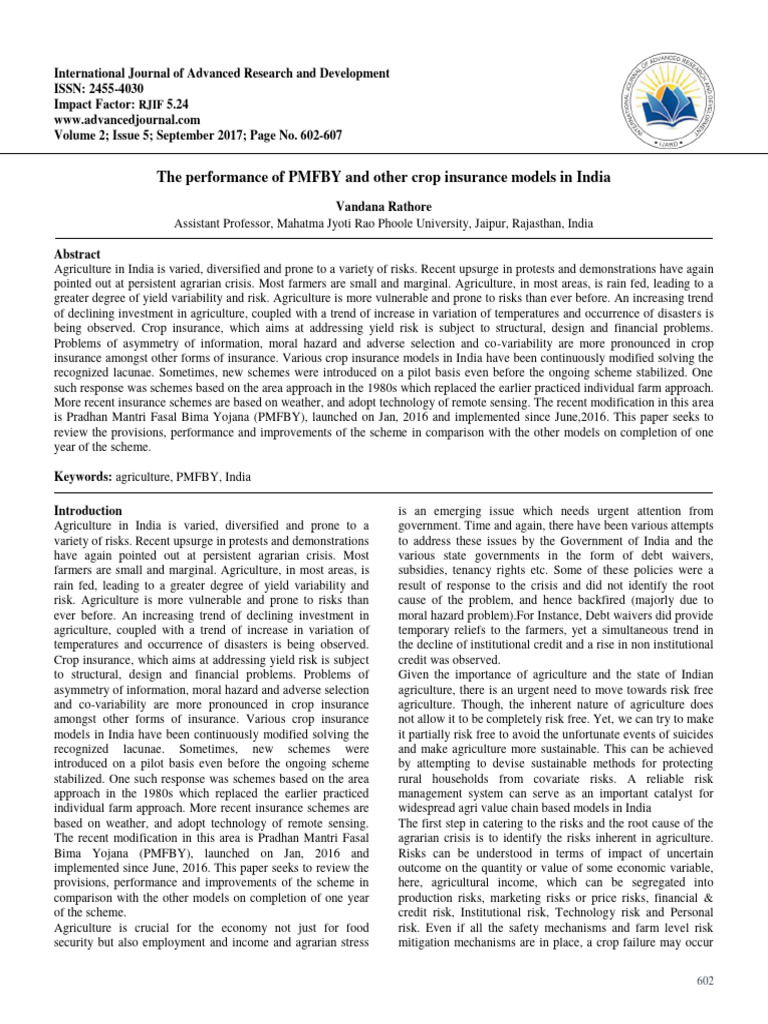 The Performance of PMFBY and Other Crop Insurance Models in India | PDF ...