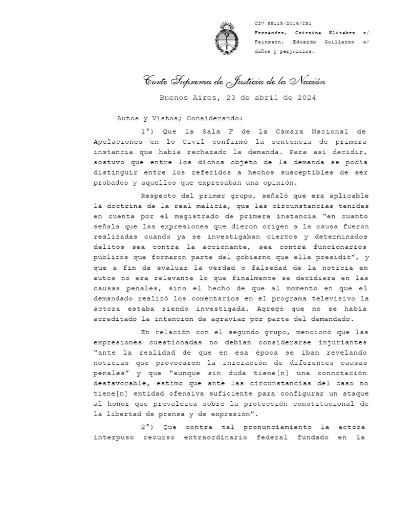 Fallo Cristina Fernández de Kirchner vs. Eduardo Feinmann | PDF | Apelación | Gobierno
