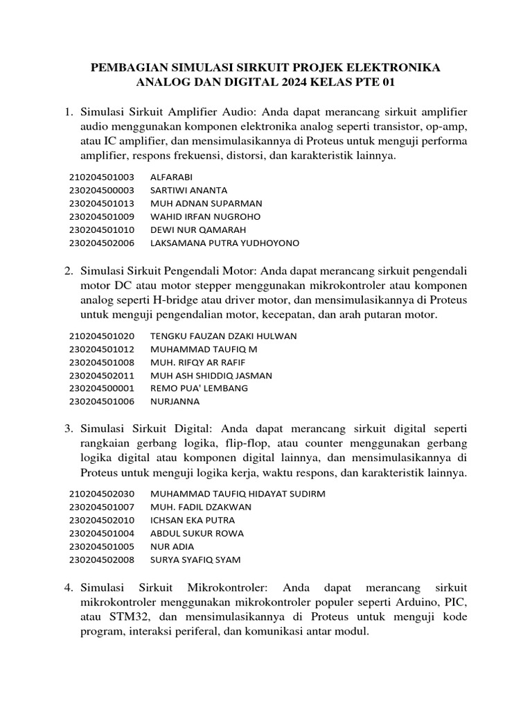 Simulasi Tugas Akhir Elektronika Analog Dan Digital PTE 01 2024 | PDF ...