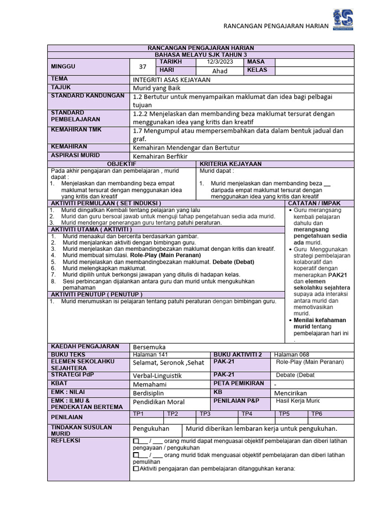 RPH Minggu 37 BM SJK THN 3 2023 by Cikgu Gorgeous | PDF