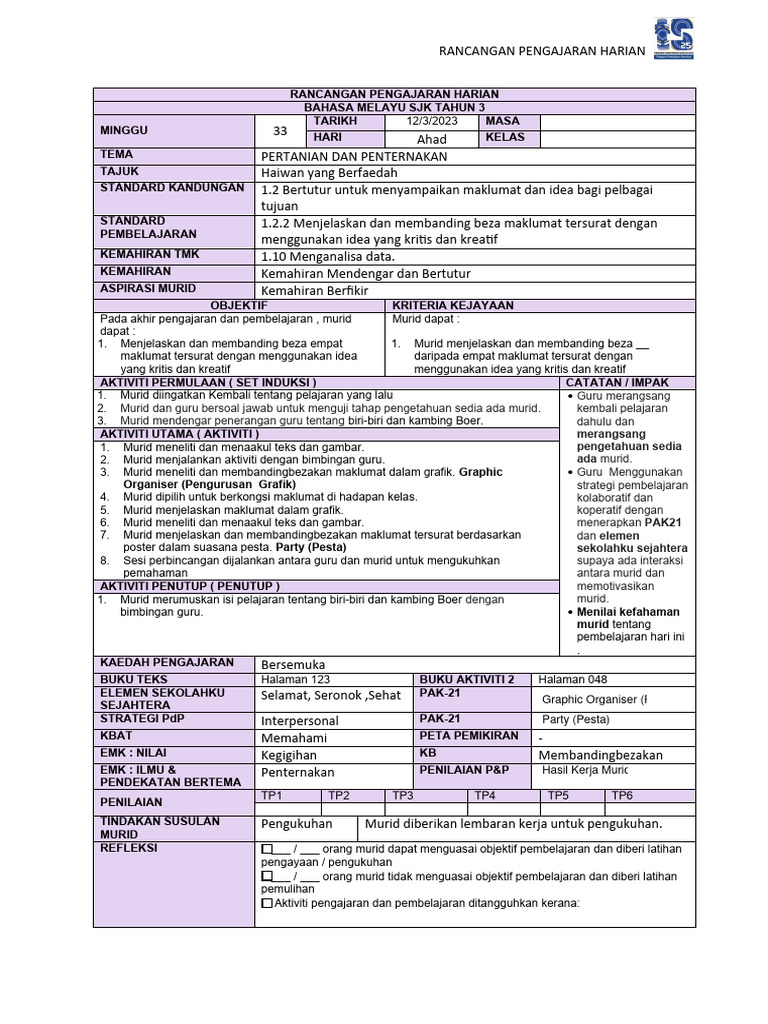 RPH MINGGU 33 BM SJK THN 3 2023 BY CIKGU GORGEOUS | PDF