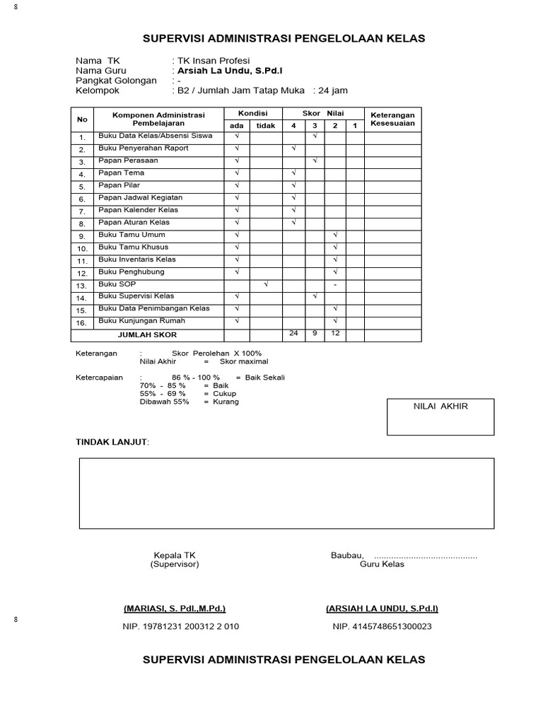 Instrumen Supervisi Administrasi Kelas | PDF