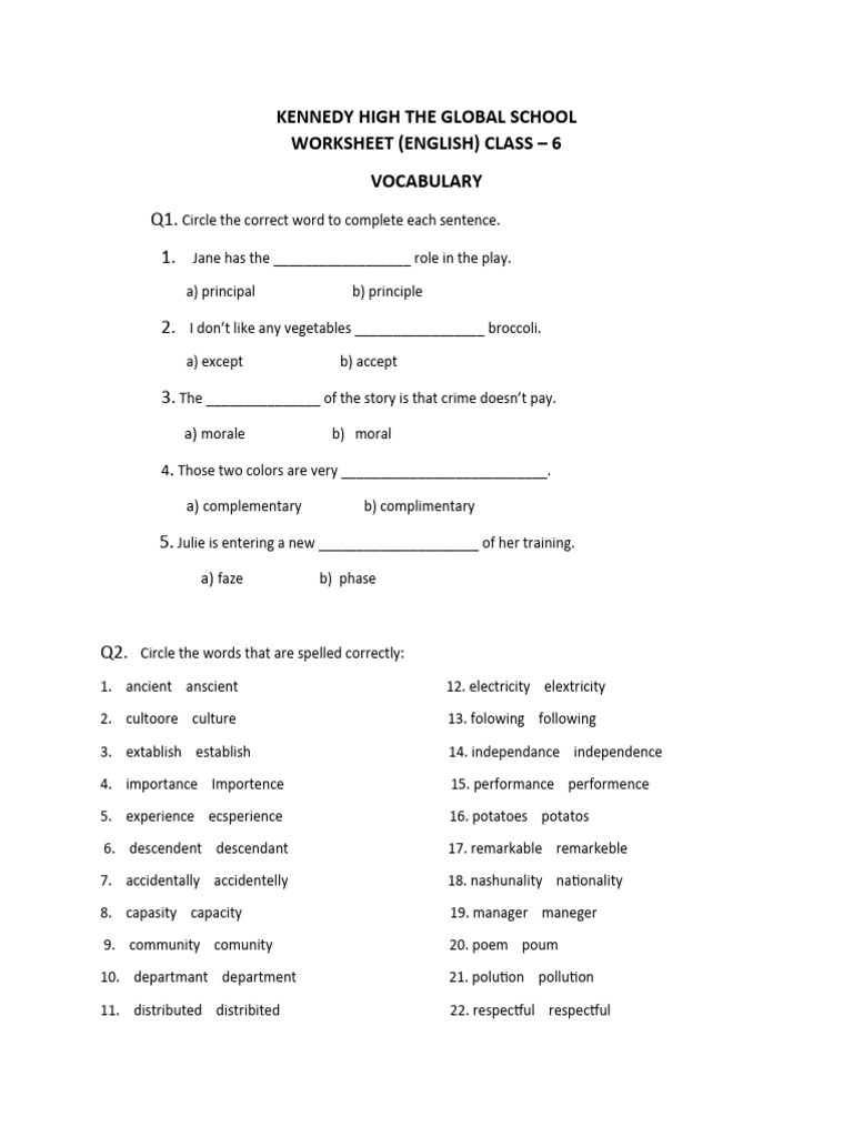 Class 6th English Worksheet-2 Vocabulary | PDF