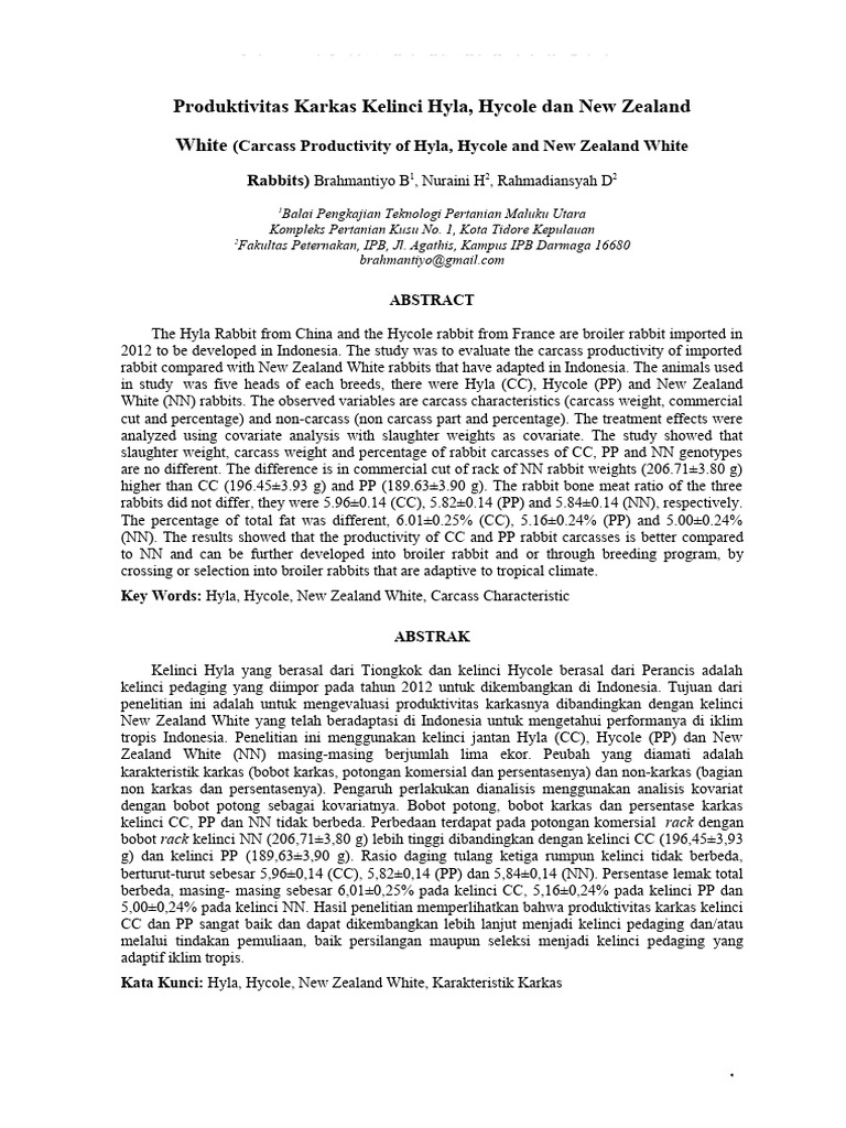 Produktivitas Karkas Kelinci Hyla, Hycole Dan New Zealand White | PDF ...
