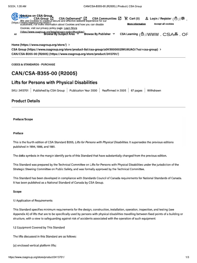 CSA B355-00 Disabilities Lift - Public - DOES NOT APPLY | PDF