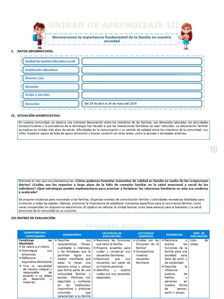 Unidad de Aprendizaje 3 - 5º | PDF | Evaluación | Familia