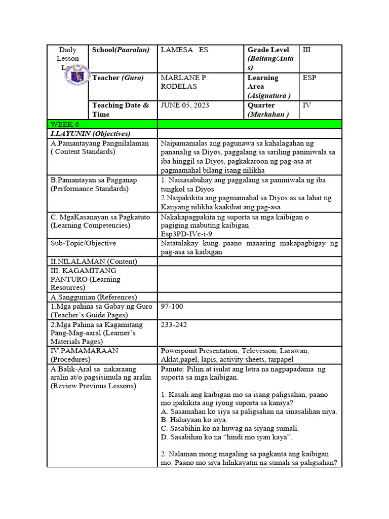 Esp3 q4 Week 6 Day 1 June 5 | PDF