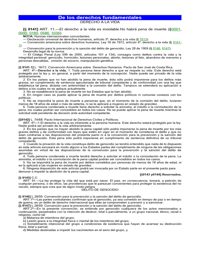 De Los Derechos Fundamentales: ( 0141) ART. 11.-El Derecho A La Vida Es ...