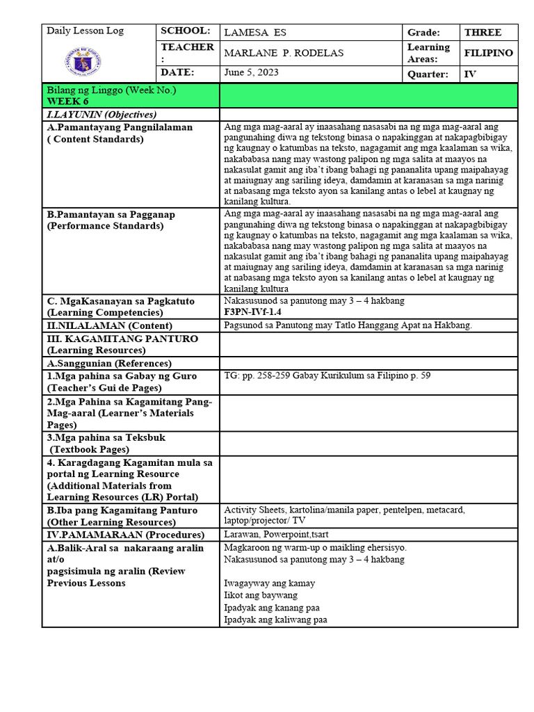 Filipino DLL Q4 WK6 D1 | PDF