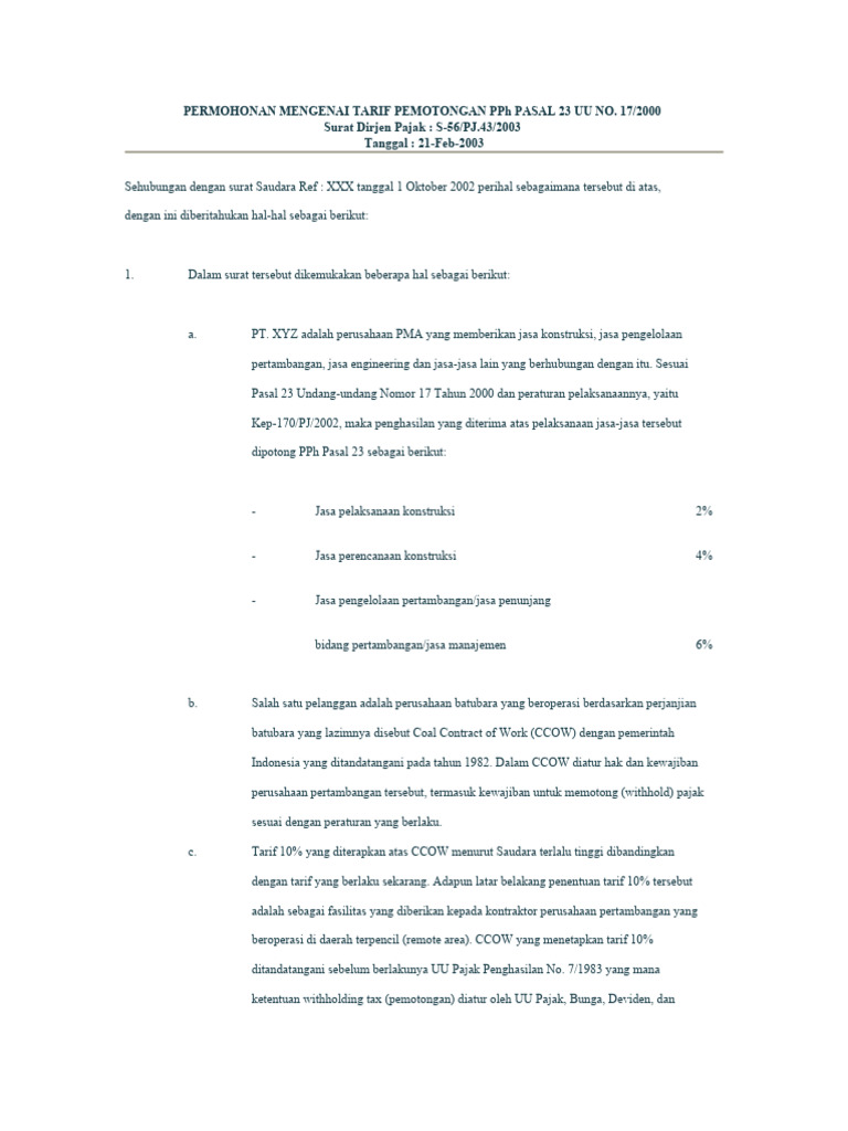 PERMOHONAN MENGENAI TARIF PEMOTONGAN PPH PASAL 23 UU NO | PDF | Pengelolaan Keuangan & Uang