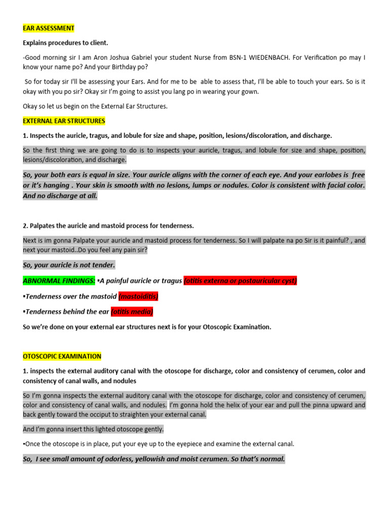 Ear Assessment | PDF | Ear | Medical Specialties