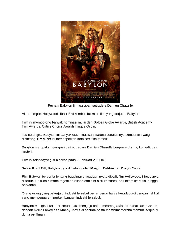 Banyak Dinominasikan Mulai Dari Golden Globe Awards Hingga Oscar, Yuk Intip Pemain Babylon! | PDF
