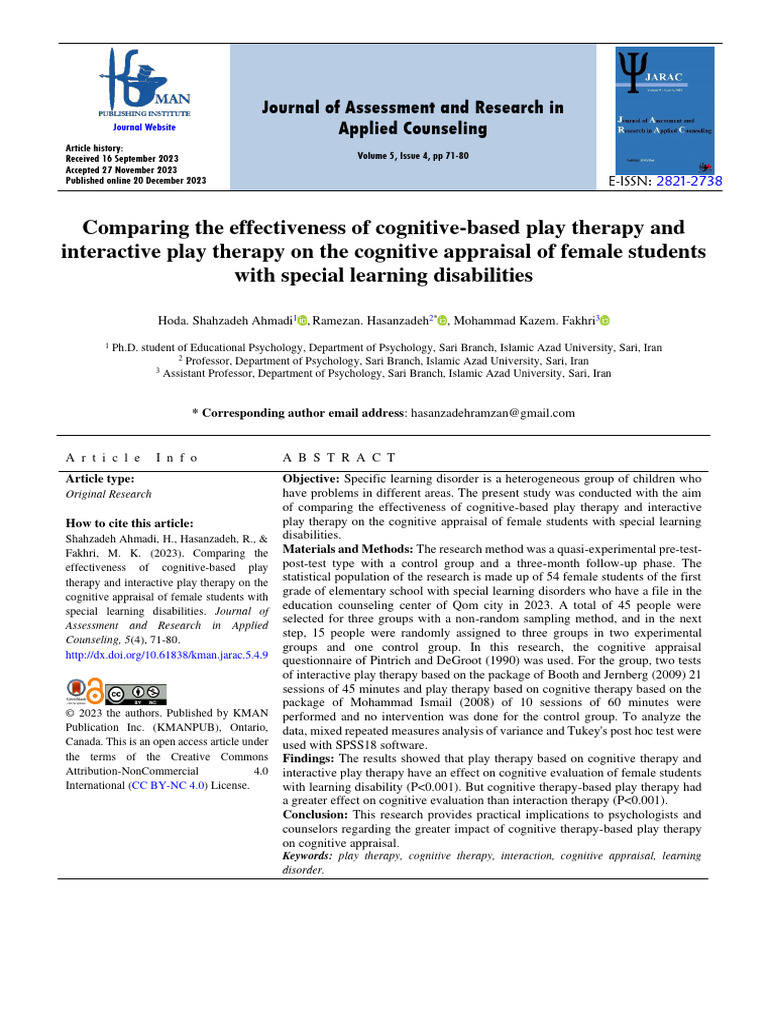 Comparing The Effectiveness Of Cognitive Based Pla Pdf Psychotherapy Psychology