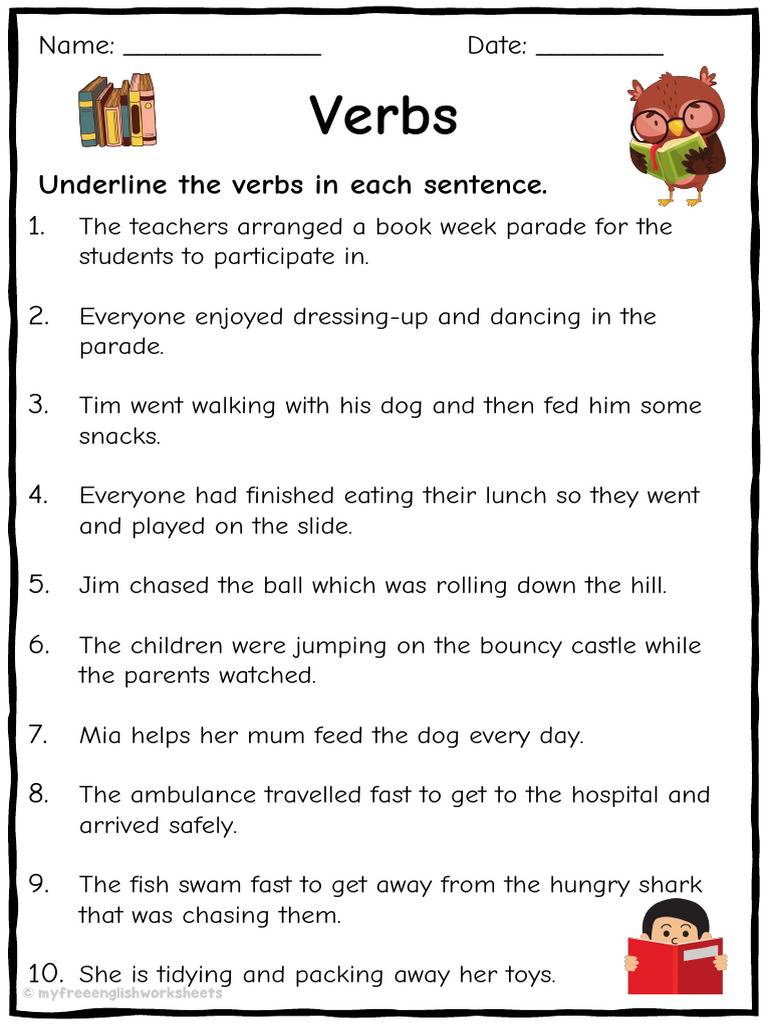 Verb Worksheet 4 Underline The Verb | PDF