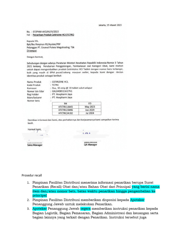 Prosedur Recall | PDF | Bisnis | Hukum